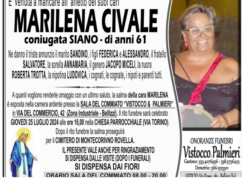Bellizzi. Lutto. Passa a miglior vita Marilena Civale di anni 61